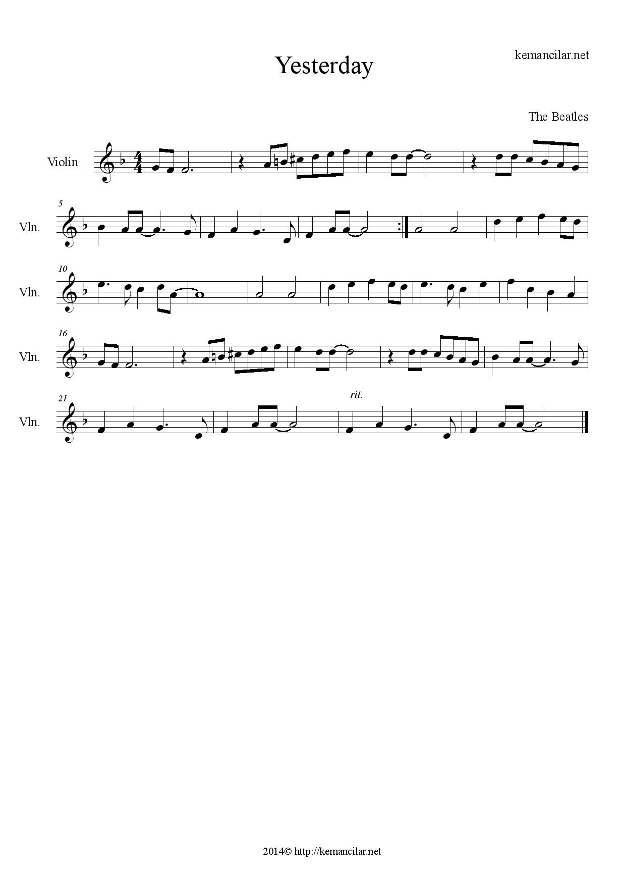 Yesterday Violin Sheet Music Free Sheet Music